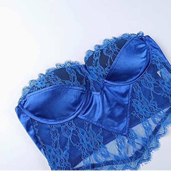 36zips | Tops | Nwt M Blue Sexy Lace Mesh Satin Corset Bustier Top ...